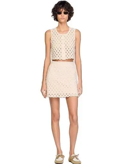 Sandro Beaded Crochet Knit Top - Neutral / White