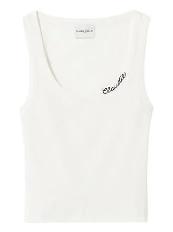 Claudie Pierlot Ribbed Stretch-cotton Tank Top With Embroidery - Ecru