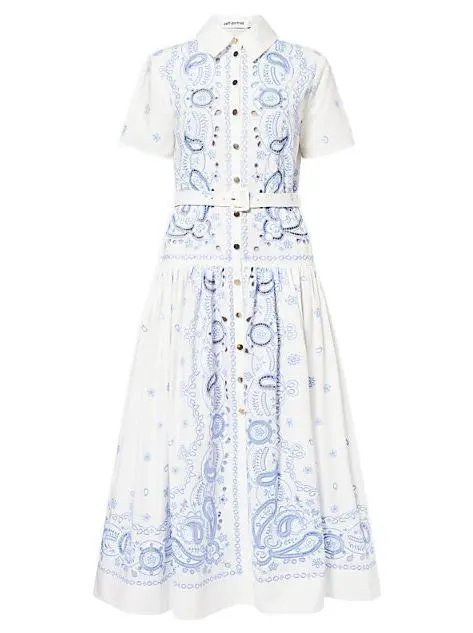 SELF-PORTRAIT Belted Embroidered Cotton Midi Dress - White And Blue