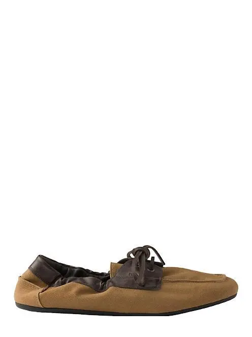 Prada Aged-canvas And Leather Boat Shoes - Brown
