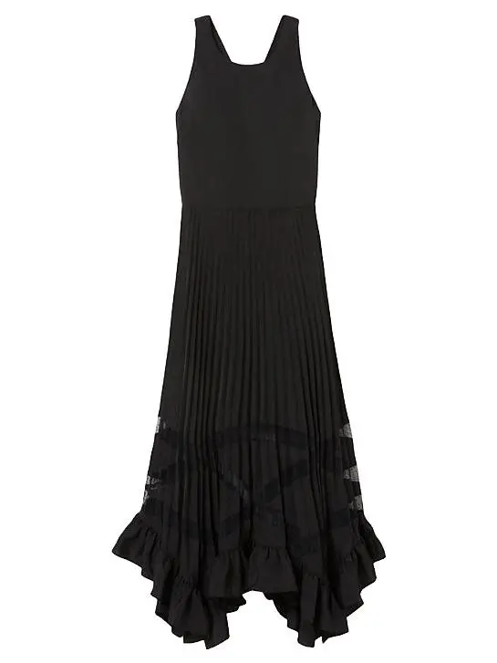Claudie Pierlot Round-neck Pleated-skirt Woven Midi Dress - Black