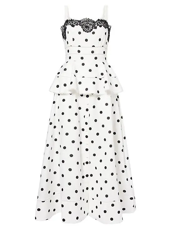 SELF-PORTRAIT Polka-dot Peplum-waist Midi Dress - White