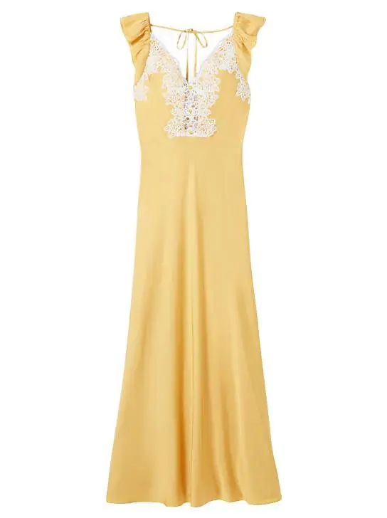 Claudie Pierlot Ruffle-sleeved Lace-trim Satin Maxi Dress - Sun Yellow