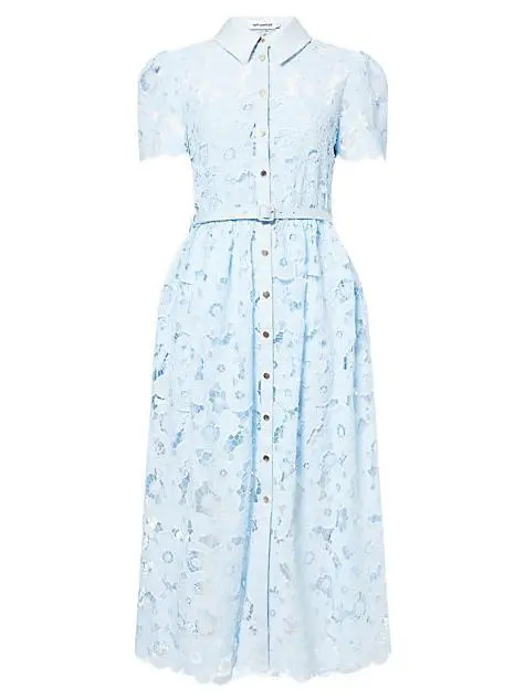 SELF-PORTRAIT Embroidered Belted Woven Midi Dress - Blue