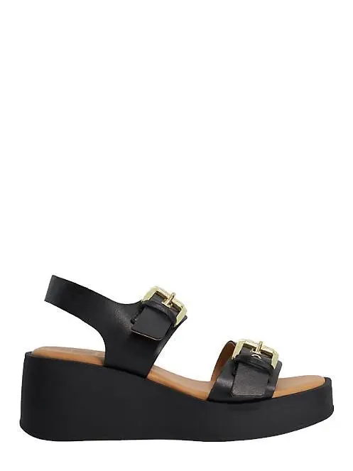 DUNE Karola Buckle Heeled Leather Sandals - Black Leather