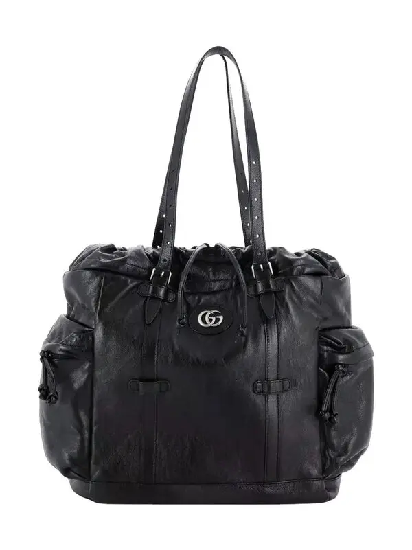 Gucci Tonal Gg Drawstring Leather Tote Bag - Black