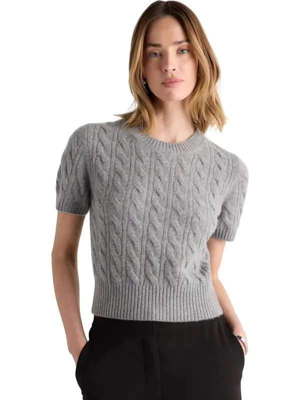 Quince Mongolian Cashmere Cable T-shirt - Heather Grey