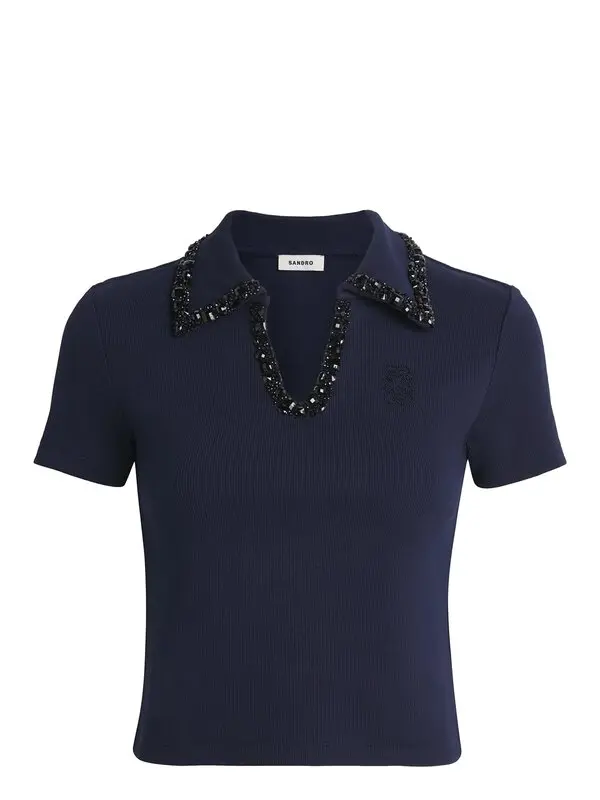 Sandro Embellished Stretch-cotton Polo Top - Blue