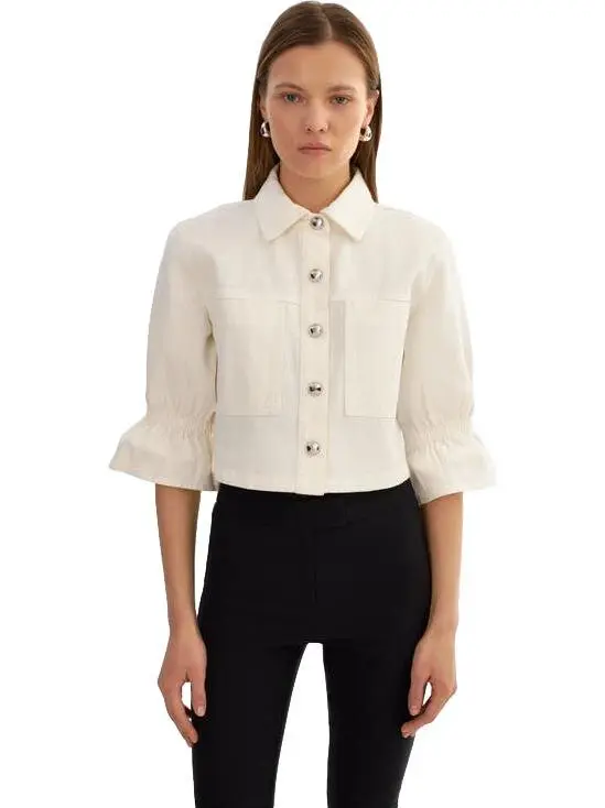 LAMARQUE Carolina Denim Ruffle Sleeve Jacket - White