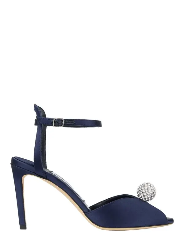 JIMMY CHOO Sacora 85 Satin Sandals - Marine/crystal