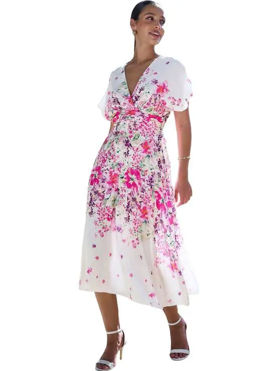 YUMI Floral Print Wrap Midi Dress - Pink