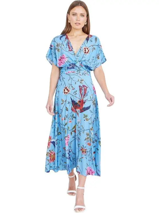 YUMI Bird And Floral Print Midi Dress - Blue