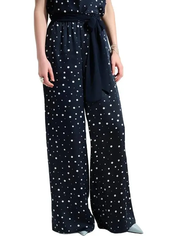 Joseph Ribkoff Satin Dot Print Wide Leg Pants With Sash - Midnight Blue/vanilla