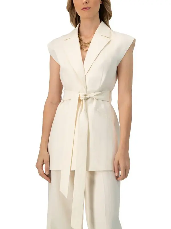 IVONNE Single-breasted Linen Vest With Tie - Ivory