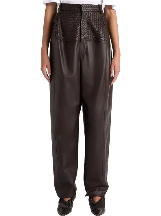 Bottega Veneta Intrecciato Panel Leather Trousers - 2608 Dark Carrubo