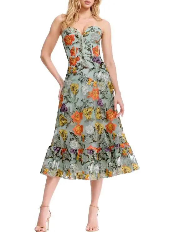 Dress The Population Carina Floral Embroidered Strapless Cocktail Dress - Sage Multi