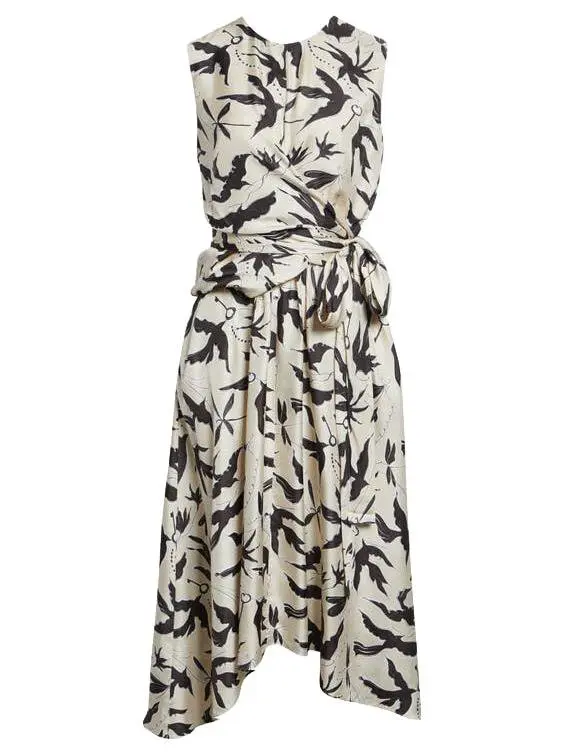 Altuzarra Penny Bird Print Draped Silk Dress - 378172 Tapioca Bird