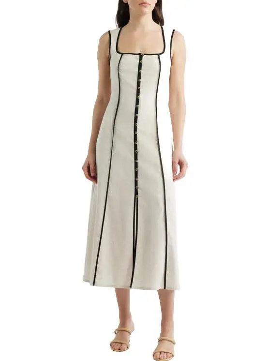 ZOE AND CLAIRE Contrast Piping Square Neck Midi Dress - Natural