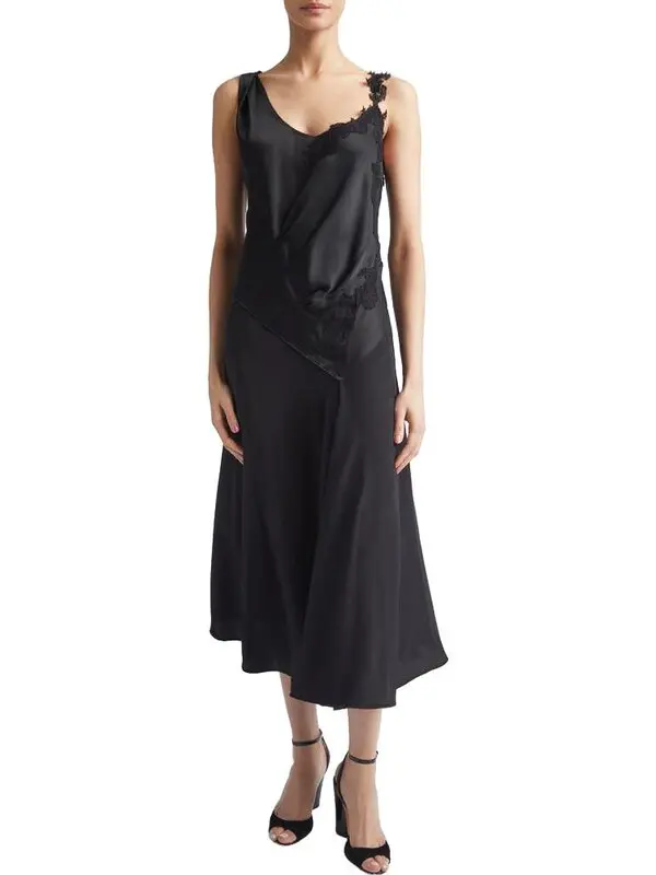 Victoria Beckham Asymmetric Lace Strap Crepe Back Satin Dress - Black