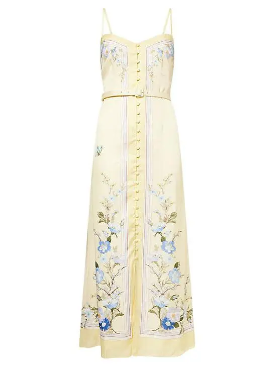 SELF-PORTRAIT Floral-print Belted Woven Midi Dress - Yellow
