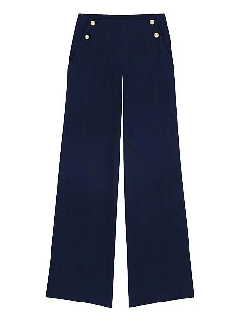 Maje Wide-leg Button-embellished Linen-blend Trousers - Navy
