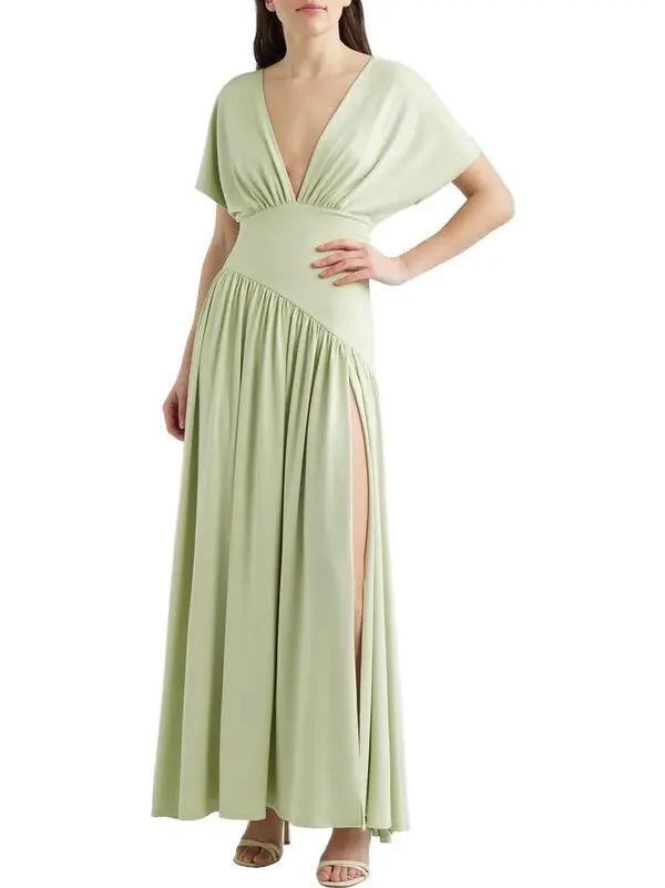 DELFI COLLECTIVE Plunge Neck Side Slit Gown - Sage