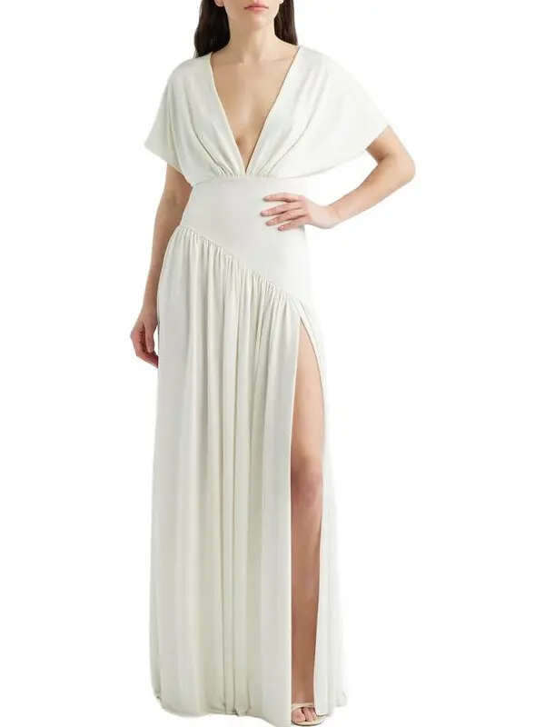 DELFI COLLECTIVE Plunge Neck Side Slit Gown - White