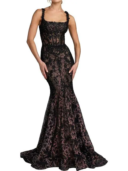 Mac Duggal Embellished Mesh Trumpet Gown - Black
