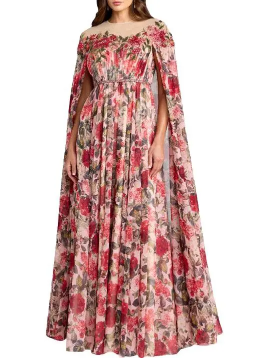 Mac Duggal Floral Printed Chiffon Cape Gown - Rose Multi
