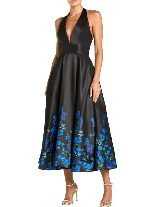Mac Duggal Halter Neck Floral Midi Dress - Black Multi
