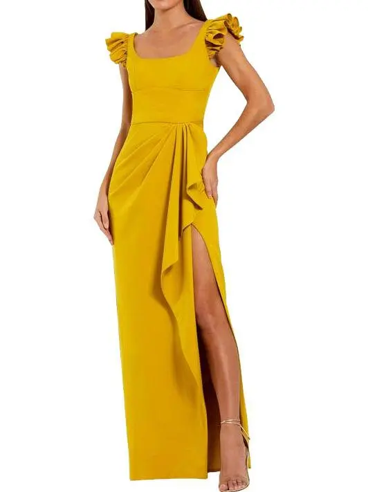 Mac Duggal Ruffle Strap Ruched High-slit Column Gown - Chartreuse