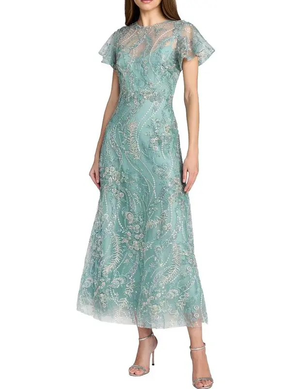 Mac Duggal Floral Embroidered Mesh Ankle Dress - Seafoam