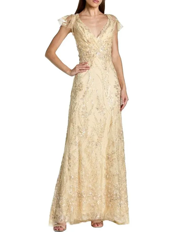 Mac Duggal V-neck Flutter Sleeve Embroidered Lace Gown - Gold