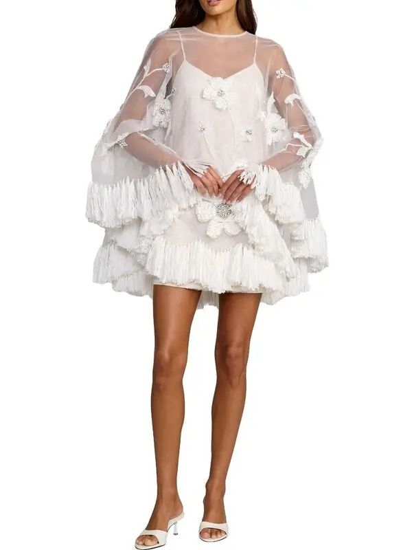 Mac Duggal Embellished Trapeze Mini Dress With Fringe Hem - Ivory