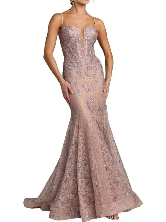 Mac Duggal Embroidered Lace Sleeveless Mermaid Gown - Vintage Lilac