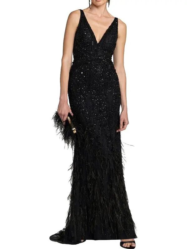 Mac Duggal Embellished Feather Hem Gown - Black