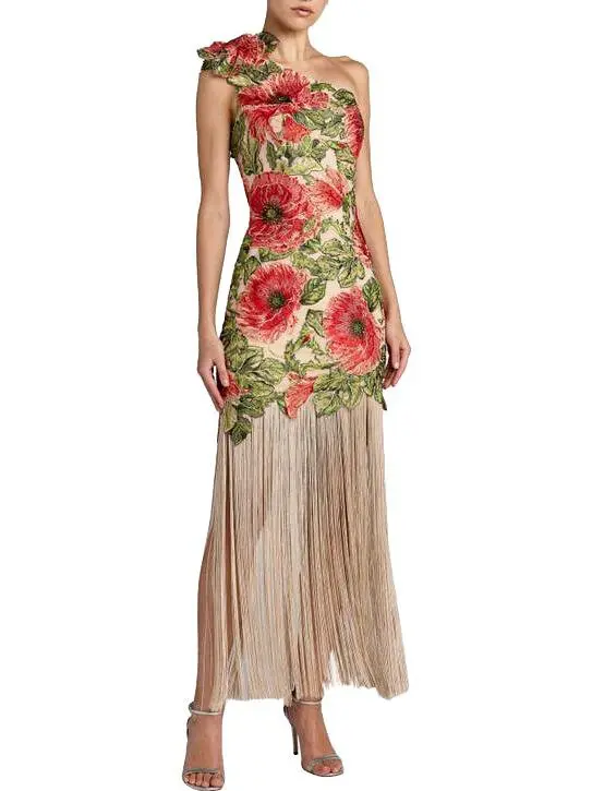 Mac Duggal Embroidered One-shoulder Gown With Fringe Hem - Nude Multi