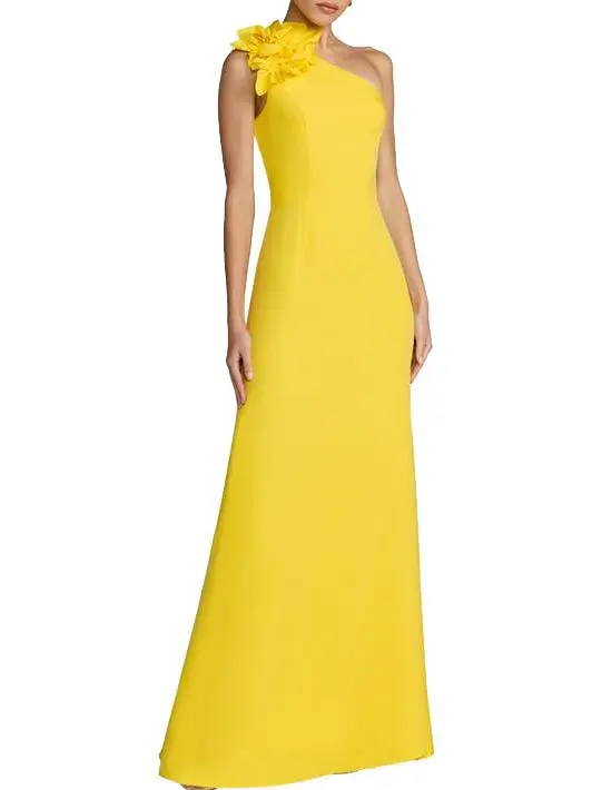 Mac Duggal One-shoulder Column Gown With Floral Detail - Sunshine