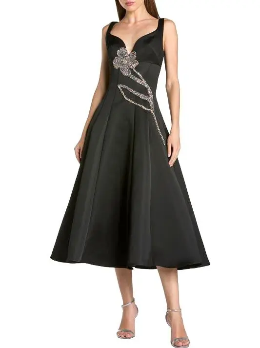 Mac Duggal A-line Metallic Floral Appliqué Midi Dress - Black Gold