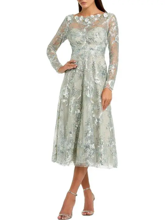 Mac Duggal Floral Embroidered Midi Dress - Mist