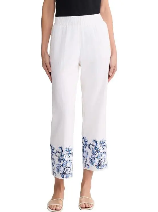 Jones New York Embroidered Hem Crop Linen Blend Pants - Blue Horizon