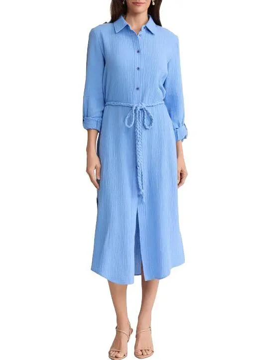 Jones New York Braided Belt Cotton Gauze Midi Shirtdress - Blue Horizon