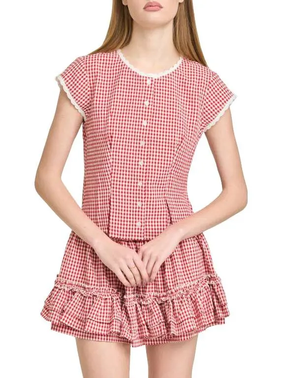 WAYF Aria Gingham Crop Button-up Top - Red