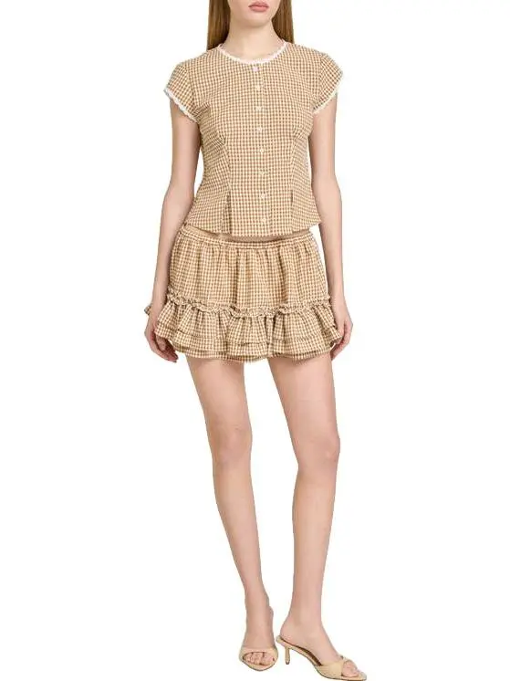 WAYF Aria Gingham Crop Button-up Top - Tan