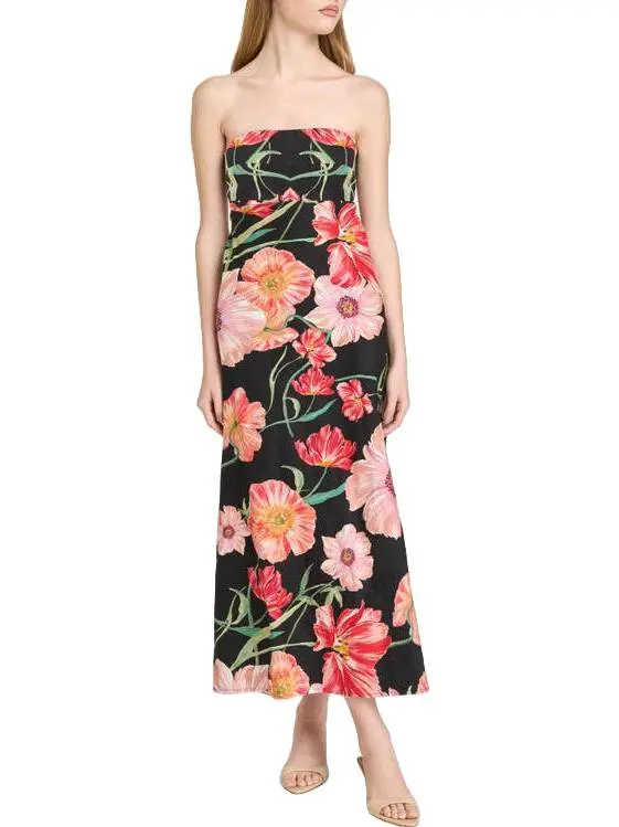 WAYF Floral Strapless Midi Dress - Black Poppies