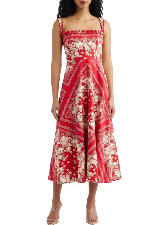 WAYF Arabella Floral Linen Blend Midi Dress - Red Scarf