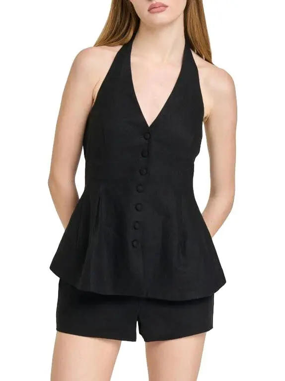 WAYF Paloma Button-up Peplum Halter Top - Black