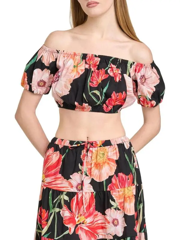 WAYF Floral Off-the-shoulder Crop Top - Black Poppies