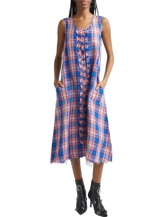 R13 Frayed Ruffle Plaid Midi Dress - Blue Pink Plaid