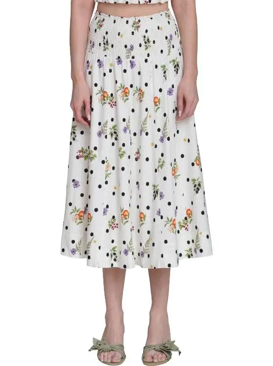 Avec Les Filles Floral And Polka Dot Smocked Waist Midi Skirt - Cream Scattered Botanical